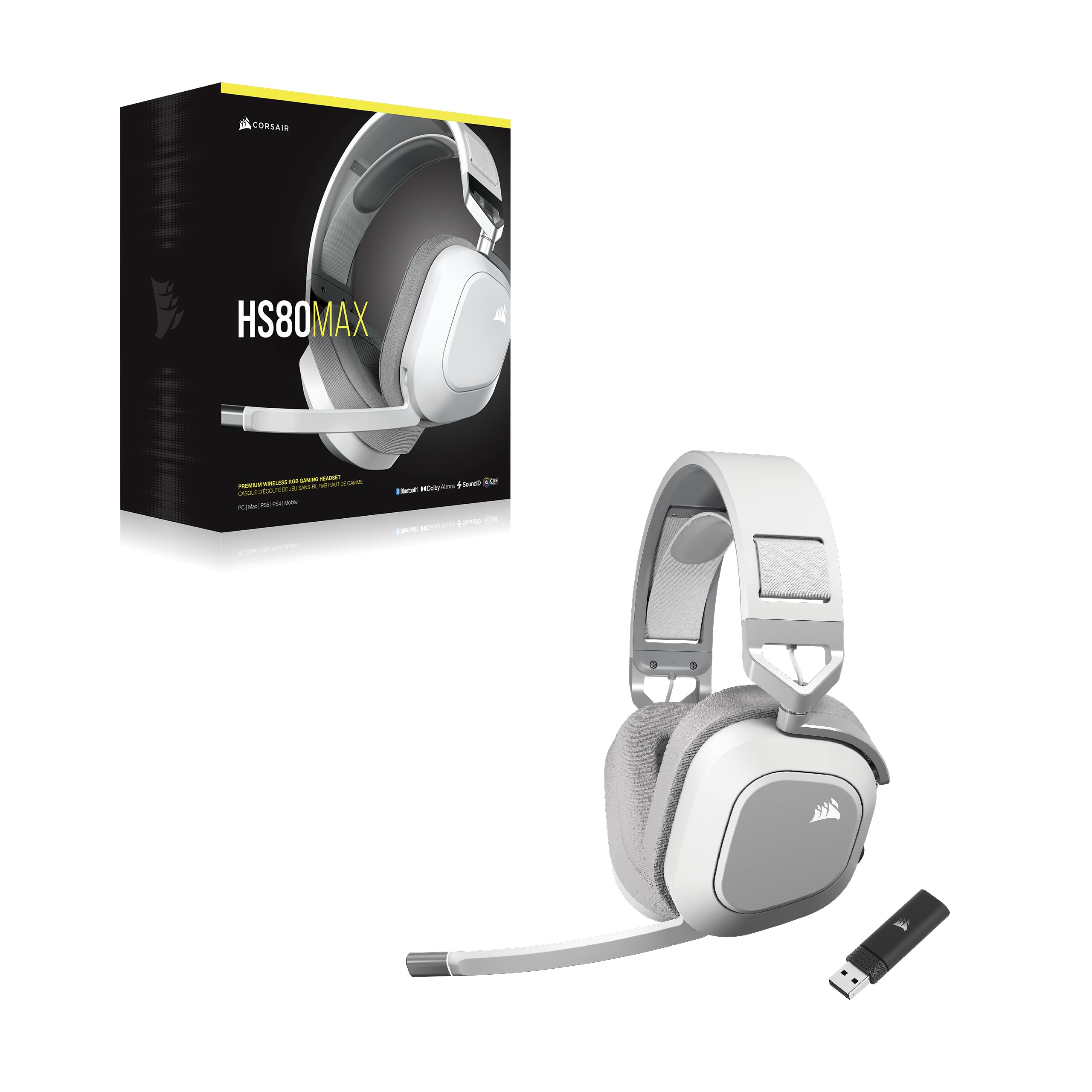 Corsair HS80 MAX Wireless Multiplatform Gaming Headset with Bluetooth - Dolby Atmos - Broadcast Quality Microphone - iCUE Compatible - PC, Mac, PS5, PS4, Mobile - White