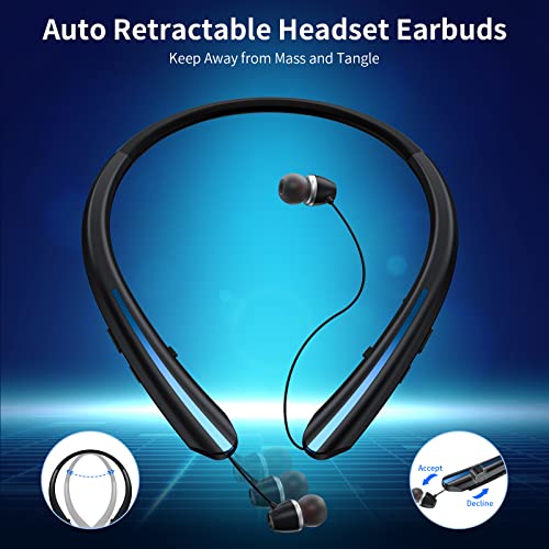 Neckband Bluetooth Headphones, IPX5 Sweatproof Retractable Earbuds Wireless Bluetooth Headset with Microphone, Vibration Call, Stereo Noise Cancelling Earphones for Workout Sports Running (Blue)