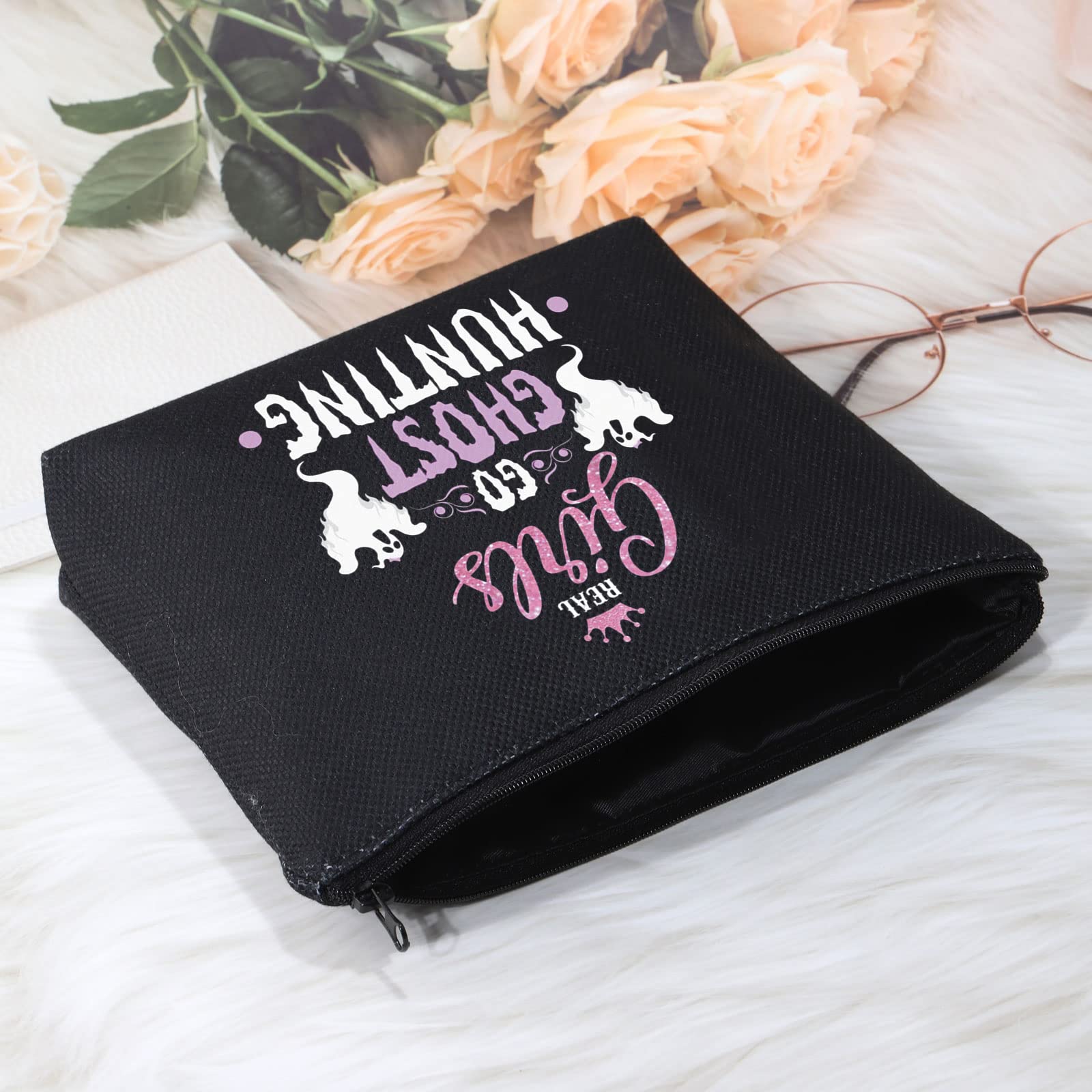 POFULL Ghost Hunter Gift Spooky Gift Real Girls Go Ghost Hunting Cosmetic Bag Paranormal Investigator Gift (Real Girls Go bag)