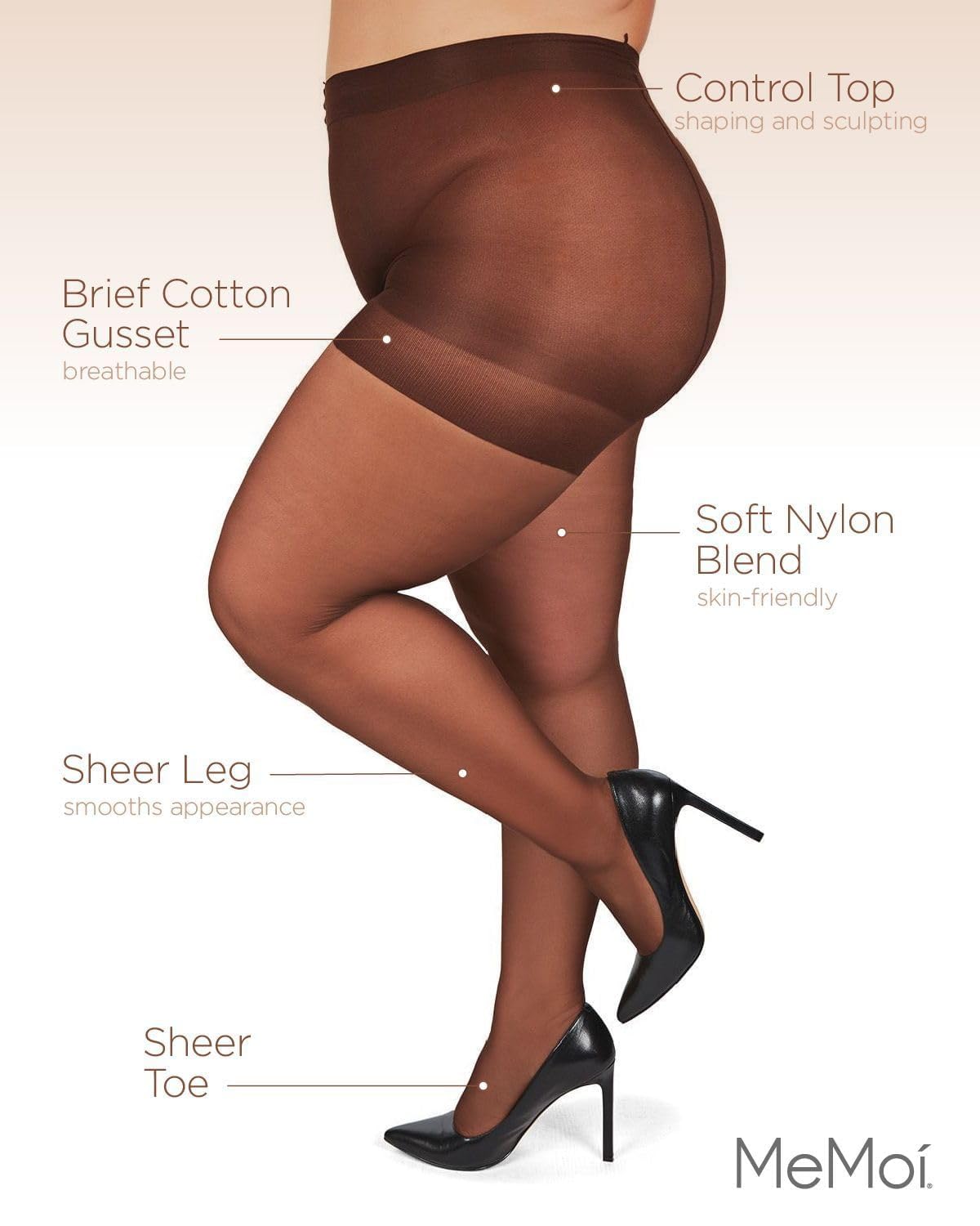 MeMoi Plus Size Curvy Control Top Pantyhose for Women, Comfortable Sheer Pantyhose, Lightweight Womens Stockings - French Coffee 7X