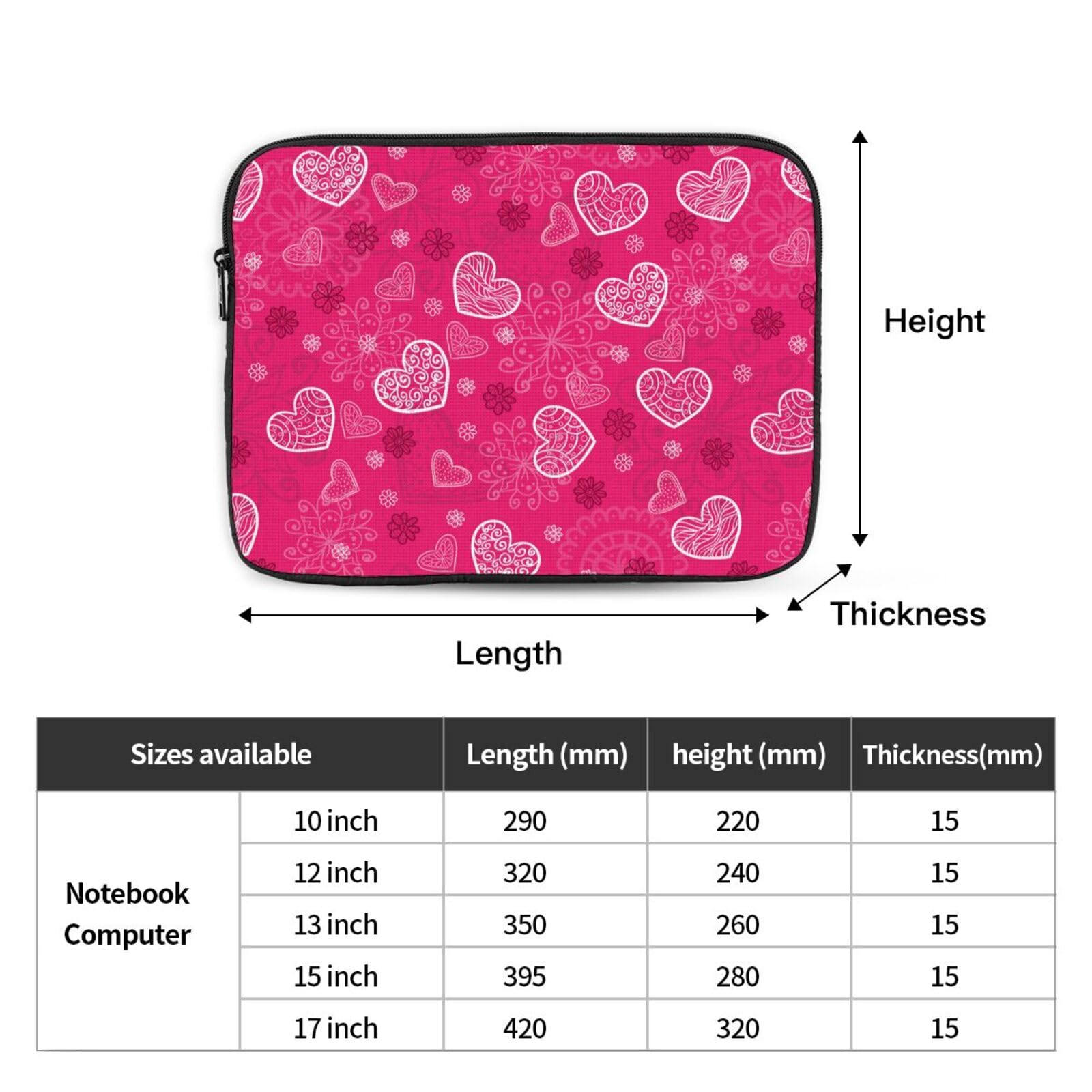 Pink Bright Heart Pattern 13 inch Portable Laptop Sleeve Compatible with MacBook Air Notebook Computer Case for Men Women College School Students