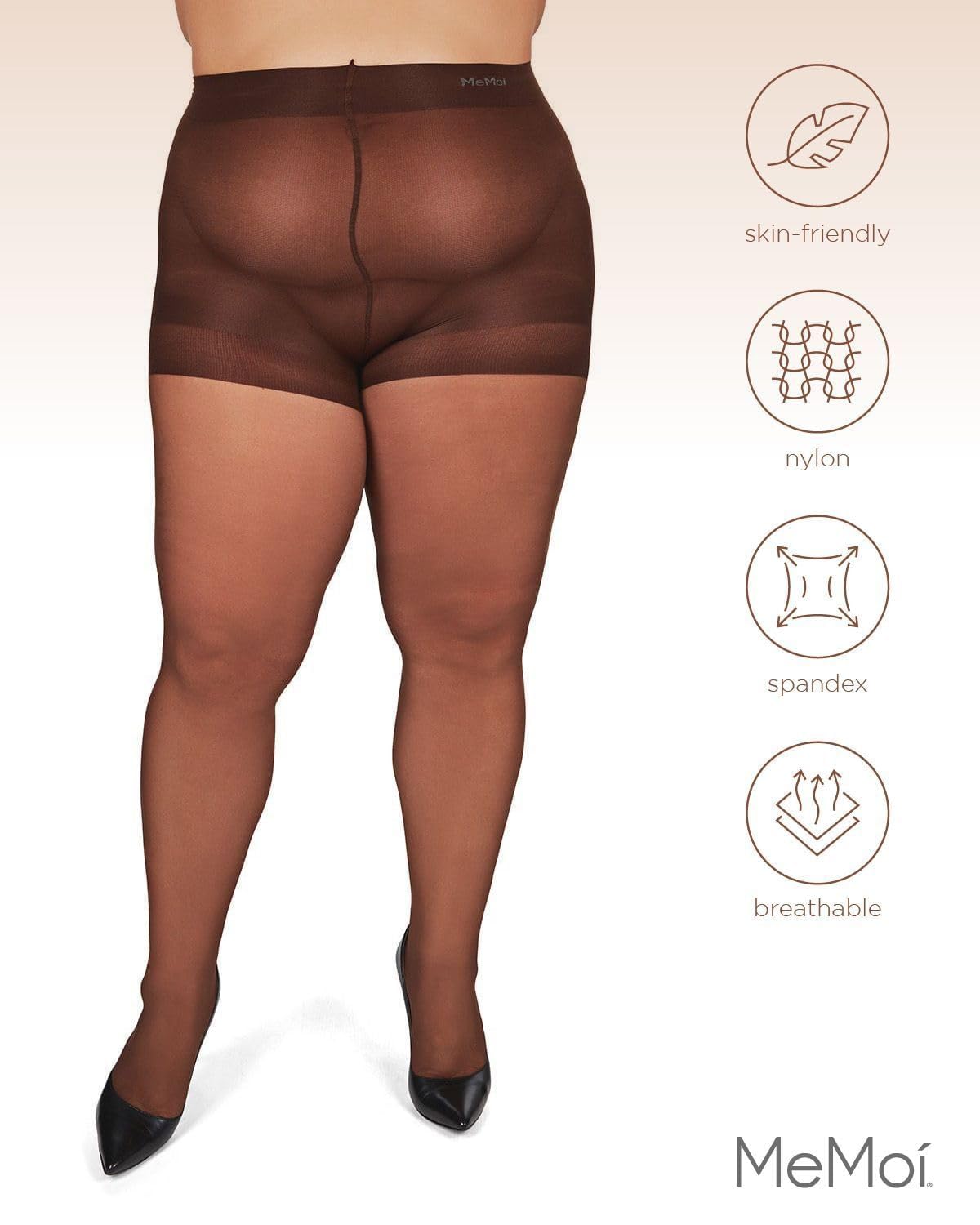 MeMoi Plus Size Curvy Control Top Pantyhose for Women, Comfortable Sheer Pantyhose, Lightweight Womens Stockings - French Coffee 7X