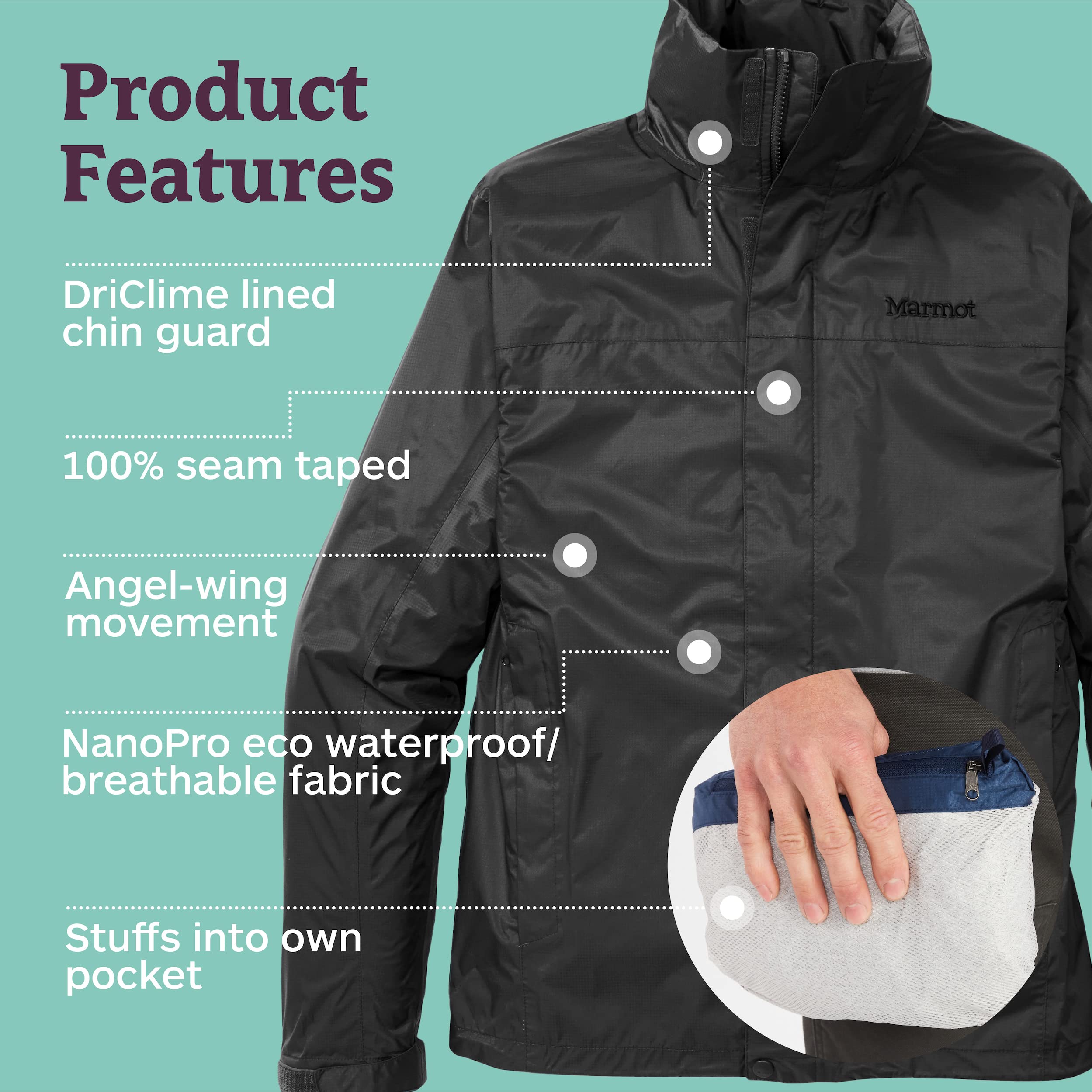 MARMOT Men's Precip Eco Jacket | Lightweight, Waterproof Jacket for Men, Ideal for Hiking, Jogging, and Camping, 100% Recycled, Black, Medium