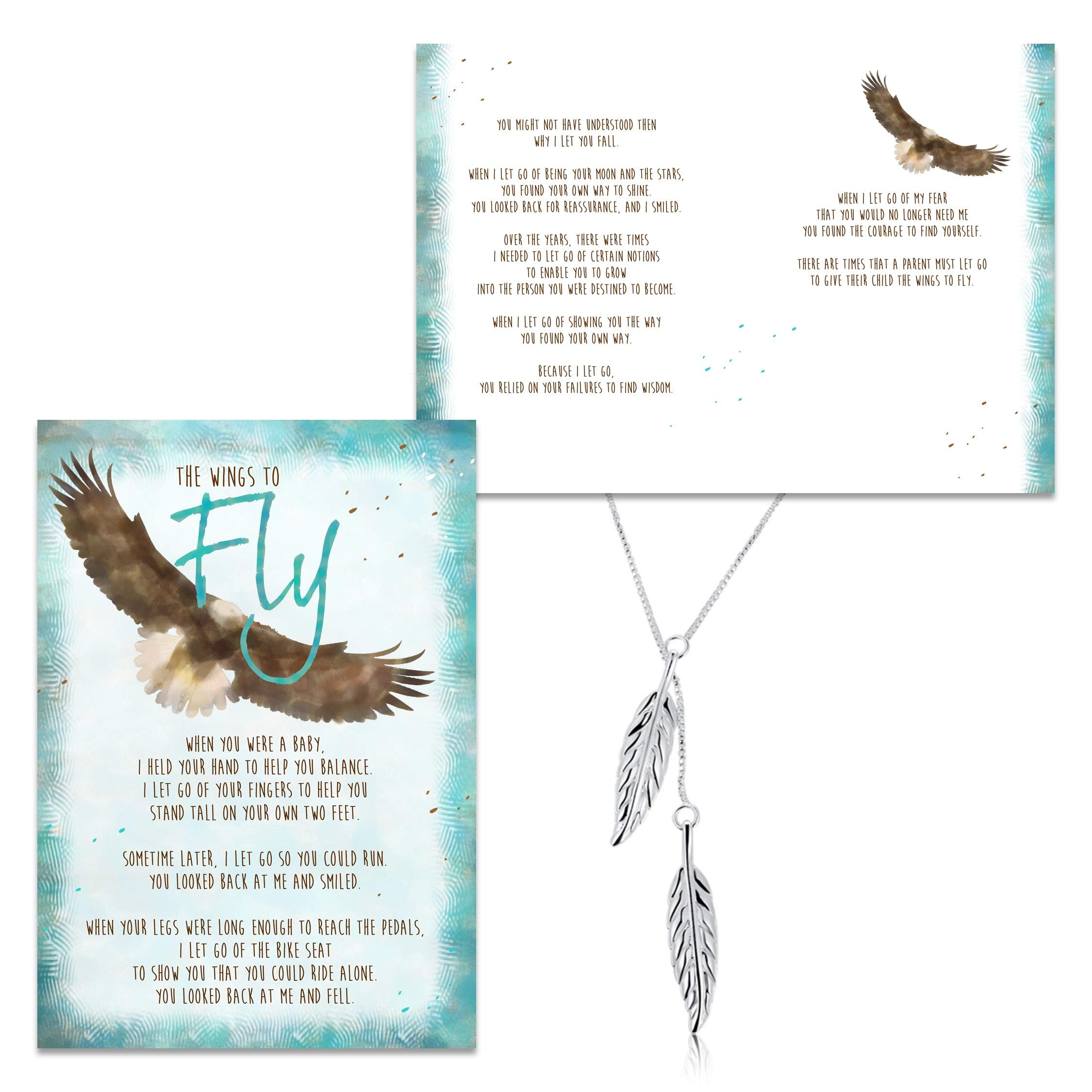 Smiling Wisdom - The Wings to Fly Encouraging Greeting Card & Silver Wings Necklace Gift Set - Daughter From Mom Dad - Graduation Birthday, Leaving Home - .925 Silver