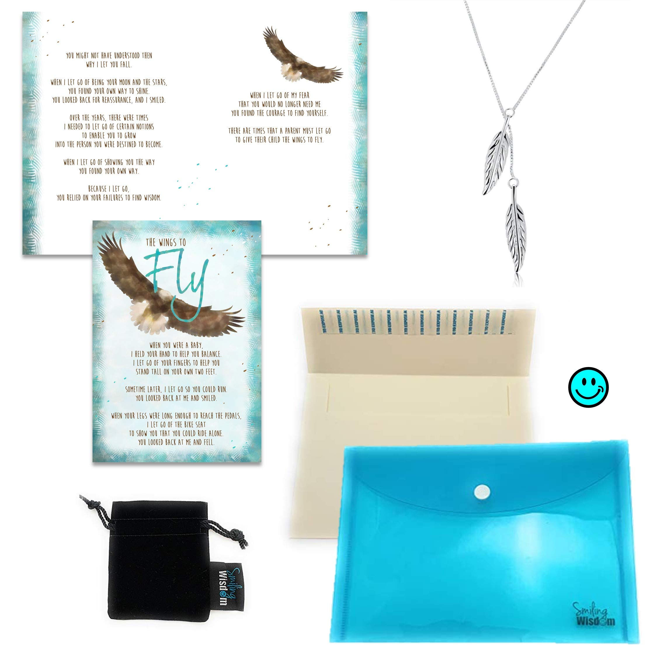 Smiling Wisdom - The Wings to Fly Encouraging Greeting Card & Silver Wings Necklace Gift Set - Daughter From Mom Dad - Graduation Birthday, Leaving Home - .925 Silver