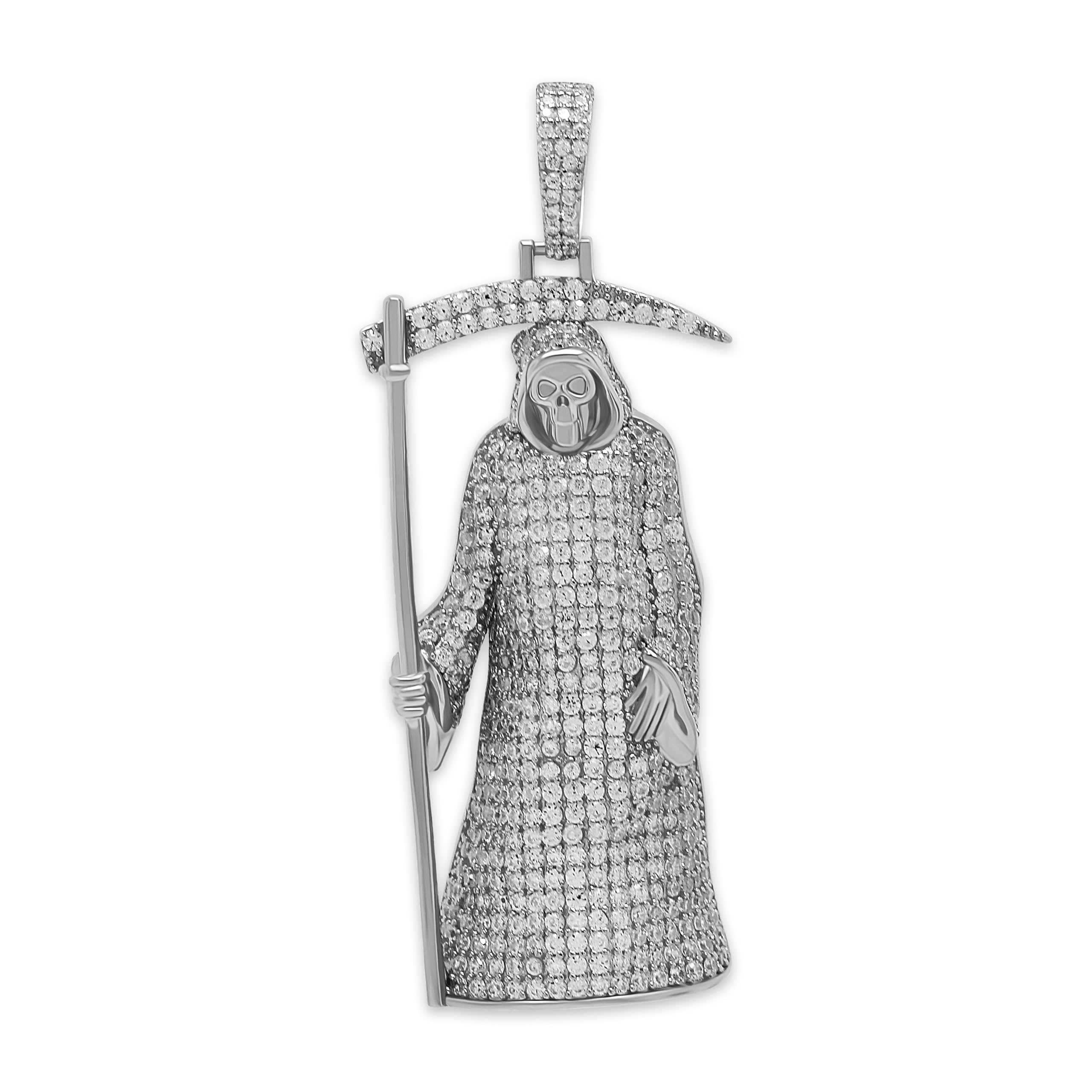 Charm America Silver Santa Muerte Pendant with Cubic Zirconia Stones - 925 Sterling Silver/Gold Plated - Grim Reaper - Hiphop Jewelry (Rhodium Plated over Silver)