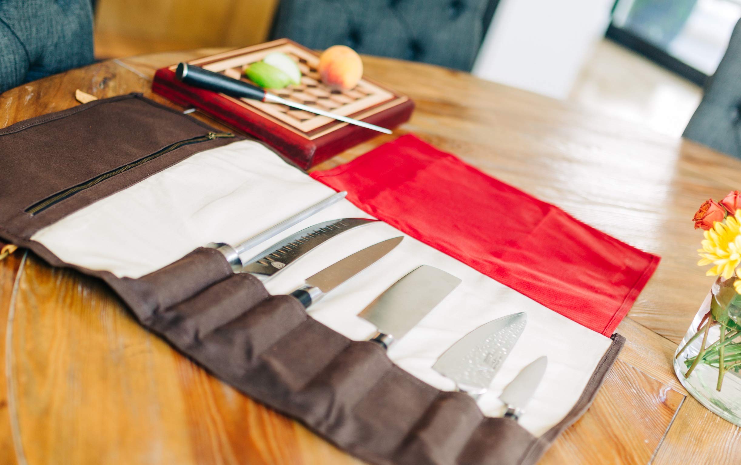 Chef's Knife Roll Bag | Extra Thick, Heavy Duty, Durable Waxed Canvas w/Cotton Liner | Stores 8 Knives plus Zipper Pocket | Portable Chef Knife Case with Leather Shoulder Strap | Knives Not Included