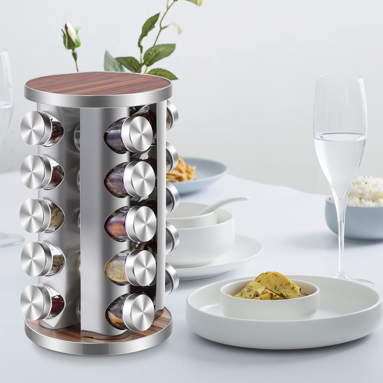 Rotating Spice Rack Organizer for Cabinet, 20 Jars Revolving Seasoning Organizer for Kitchen, Stainless Steel Spice Tower for Countertop with Reuseable Labels and Funnel