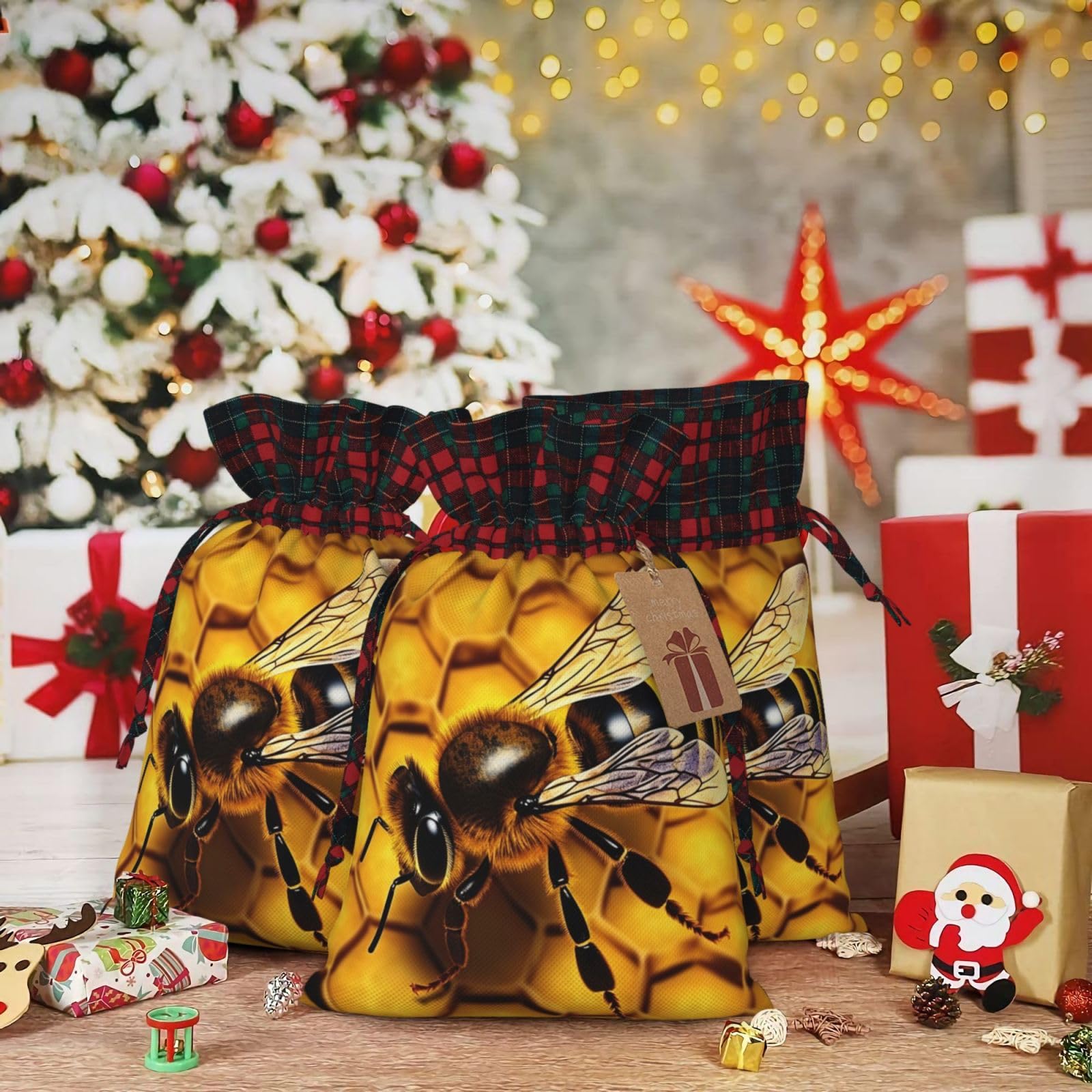 EVANEM Christmas Gift Bags with Drawstring Burlap Gift Bags Honeybee Christmas Linen Bags for Xmas Party Candy Bags with Cards Xmas Reusable Wrapping Bags Christmas Linen Treat Bags for Holiday