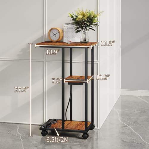 Homsorout C Shaped End Table - C Table on Wheels - Bedside Table with Wheels, Power Outlet and USB - Sofa Table for Living Room, Bedroom, Small Spaces - 27.2'' High, Brown
