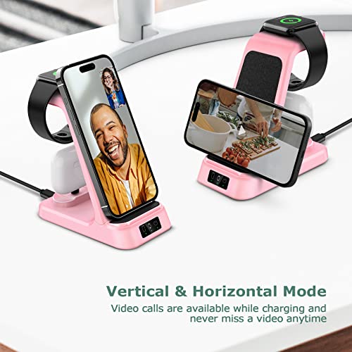 DDUAN Wireless Charging Station, 3 in 1 Fast Charging Stand, Wireless Charger for Apple Watch 8/7/6/5/4/3 & iPhone15/14/13/12/11/Pro/Max/X/XS/Max/XR/8, Air-pods/Pro(QC3.0 Adapter Included)-Pink
