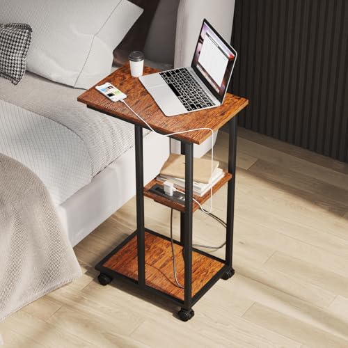 Homsorout C Shaped End Table - C Table on Wheels - Bedside Table with Wheels, Power Outlet and USB - Sofa Table for Living Room, Bedroom, Small Spaces - 27.2'' High, Brown