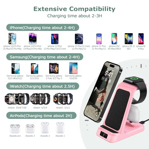 DDUAN Wireless Charging Station, 3 in 1 Fast Charging Stand, Wireless Charger for Apple Watch 8/7/6/5/4/3 & iPhone15/14/13/12/11/Pro/Max/X/XS/Max/XR/8, Air-pods/Pro(QC3.0 Adapter Included)-Pink