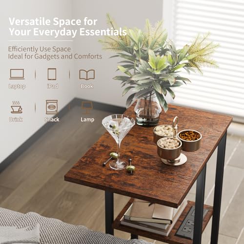 Homsorout C Shaped End Table - C Table on Wheels - Bedside Table with Wheels, Power Outlet and USB - Sofa Table for Living Room, Bedroom, Small Spaces - 27.2'' High, Brown