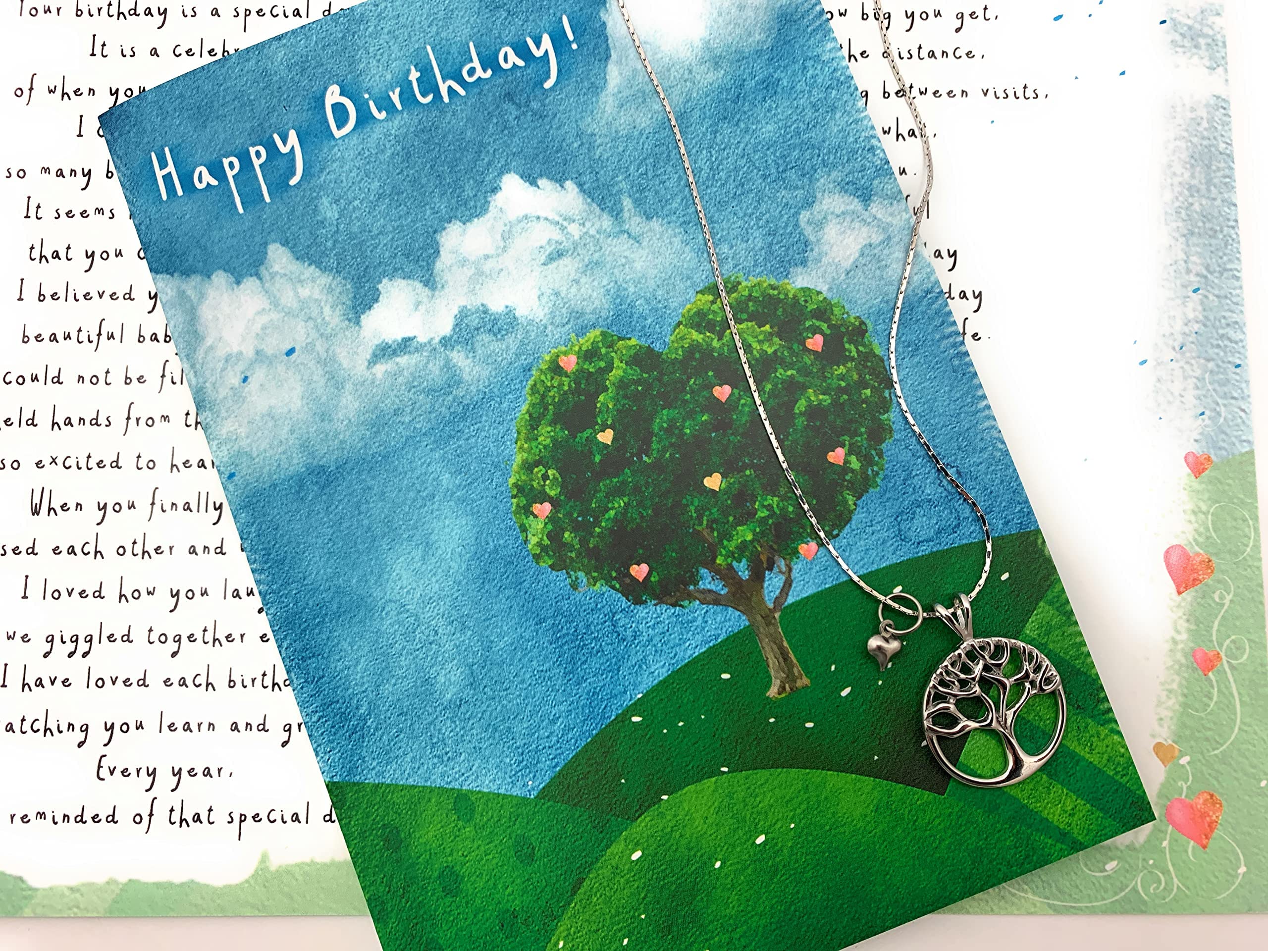 Smiling Wisdom - Happy Birthday Greeting Card and Tree Heart Necklace Keepsake Gift Set - Daughter Granddaughter From Parent - Stainless Steel - Love Grows