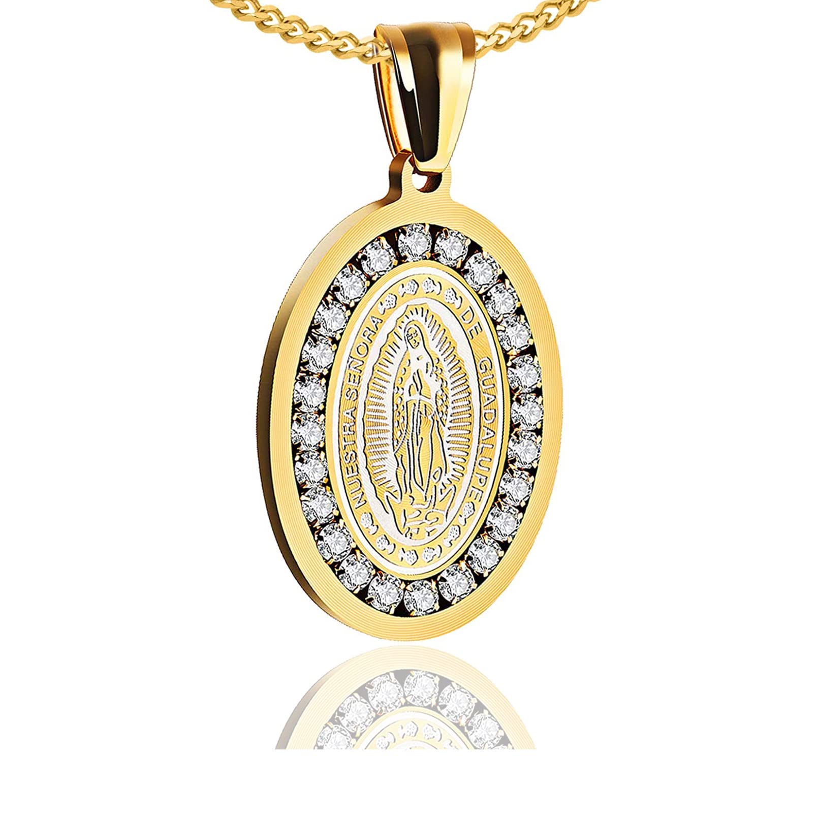 Heavstjer Fashion Stainless Steel Santa Maria Guadalupe Pendant Crystal Necklace(Gold)