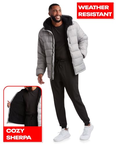 Reebok Mens Winter Jacket - Heavyweight Quilted Puffer Parka Coat - Insulated Sherpa Lined Outerwear Jacket for Men, M-XXL, Size Medium, Steel Grey/Black