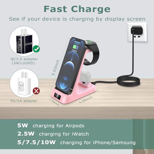 DDUAN Wireless Charging Station, 3 in 1 Fast Charging Stand, Wireless Charger for Apple Watch 8/7/6/5/4/3 & iPhone15/14/13/12/11/Pro/Max/X/XS/Max/XR/8, Air-pods/Pro(QC3.0 Adapter Included)-Pink