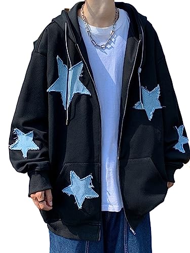 CEINOM Men's Star Patch Zip Up Hoodie for Men Women Graphic Hoodies Oversized Y2k Sweatshirt Jacket E-Girl 90s Streetwear (Black,S,Small)