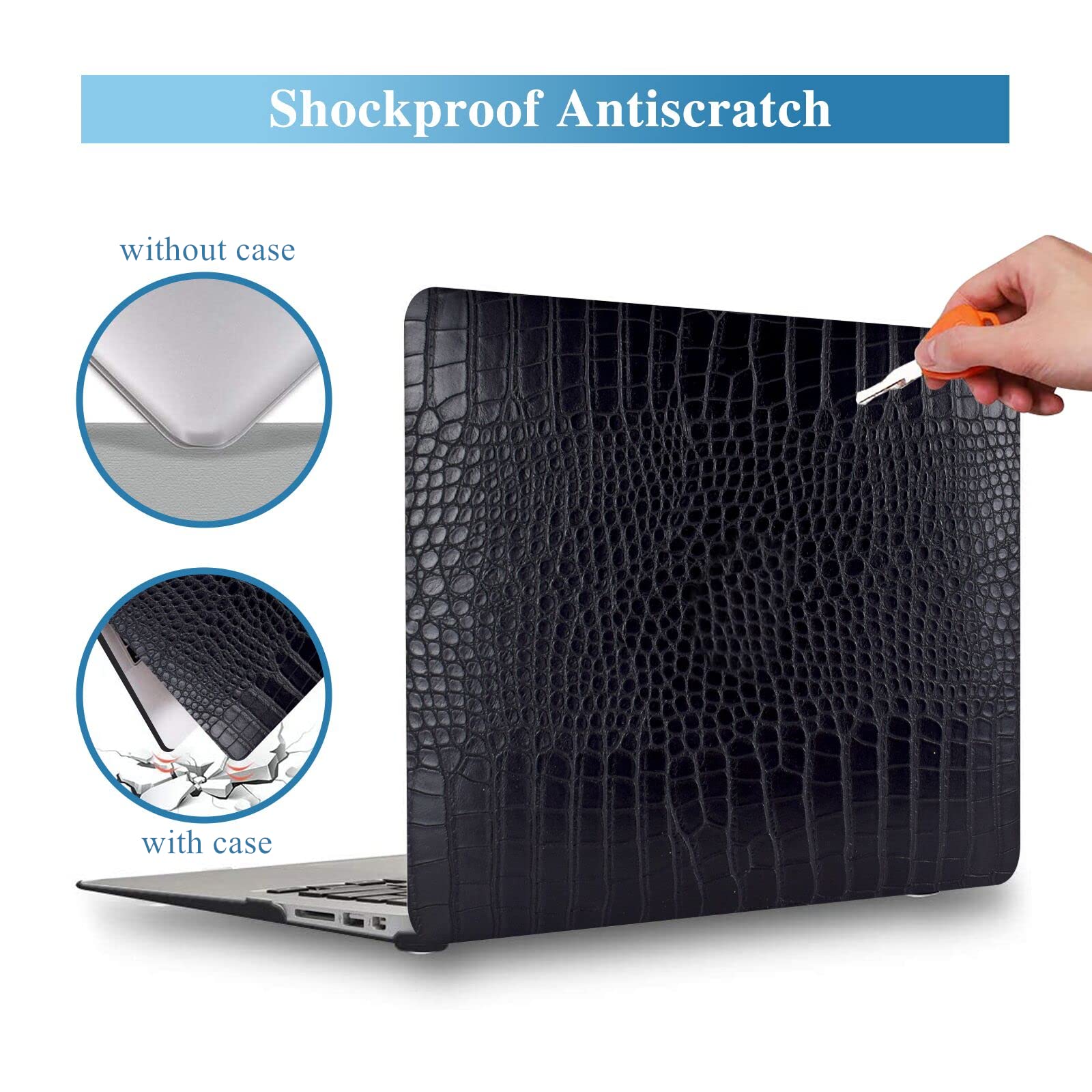 KEROM Compatible with Crocodile MacBook Air 13 inch Case 2022-2018 M1 A2337 A2179 A1932, Crocodile MacBook Air M1 Case, Crocodile Skin Aligator Skin PU Leather Hard Shell & Keyboard Cover, Black