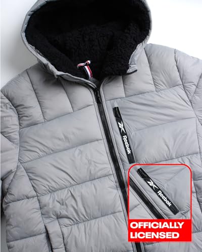 Reebok Mens Winter Jacket - Heavyweight Quilted Puffer Parka Coat - Insulated Sherpa Lined Outerwear Jacket for Men, M-XXL, Size Medium, Steel Grey/Black
