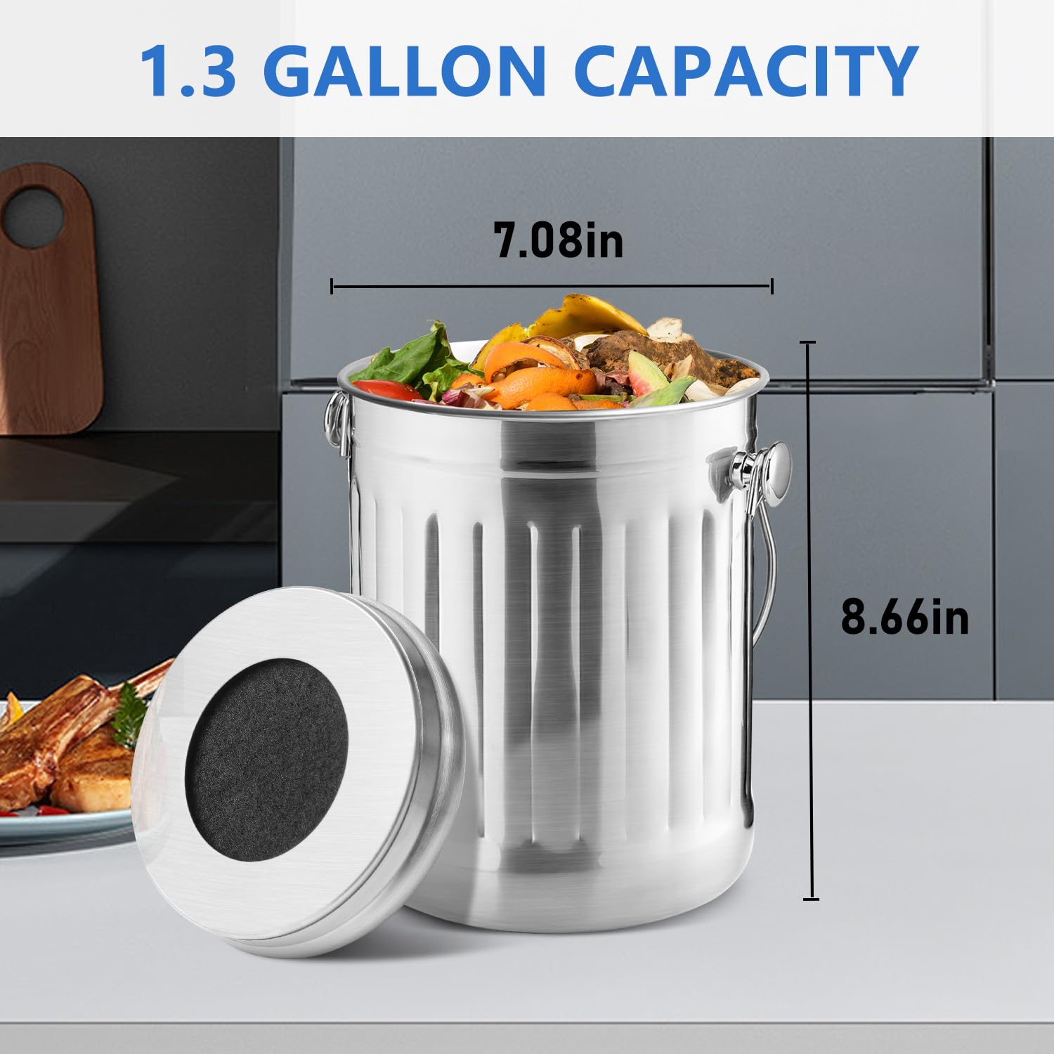 ENLOY Compost Bin, Stainless Steel Indoor Compost Bucket for Kitchen Countertop Odorless Compost Pail for Kitchen Food Waste with Carrying Handle 1.3 Gallon Easy to Clean