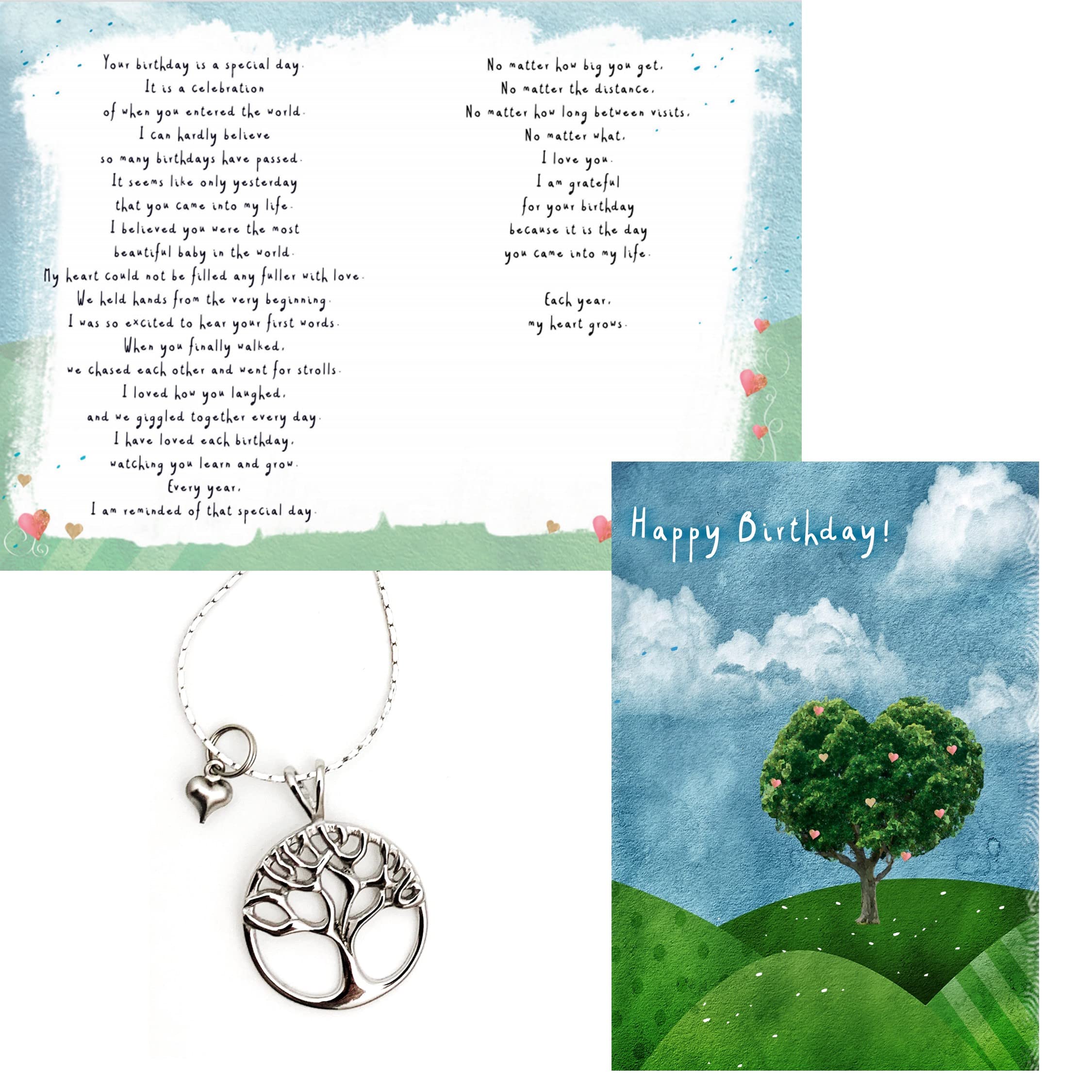 Smiling Wisdom - Happy Birthday Greeting Card and Tree Heart Necklace Keepsake Gift Set - Daughter Granddaughter From Parent - Stainless Steel - Love Grows