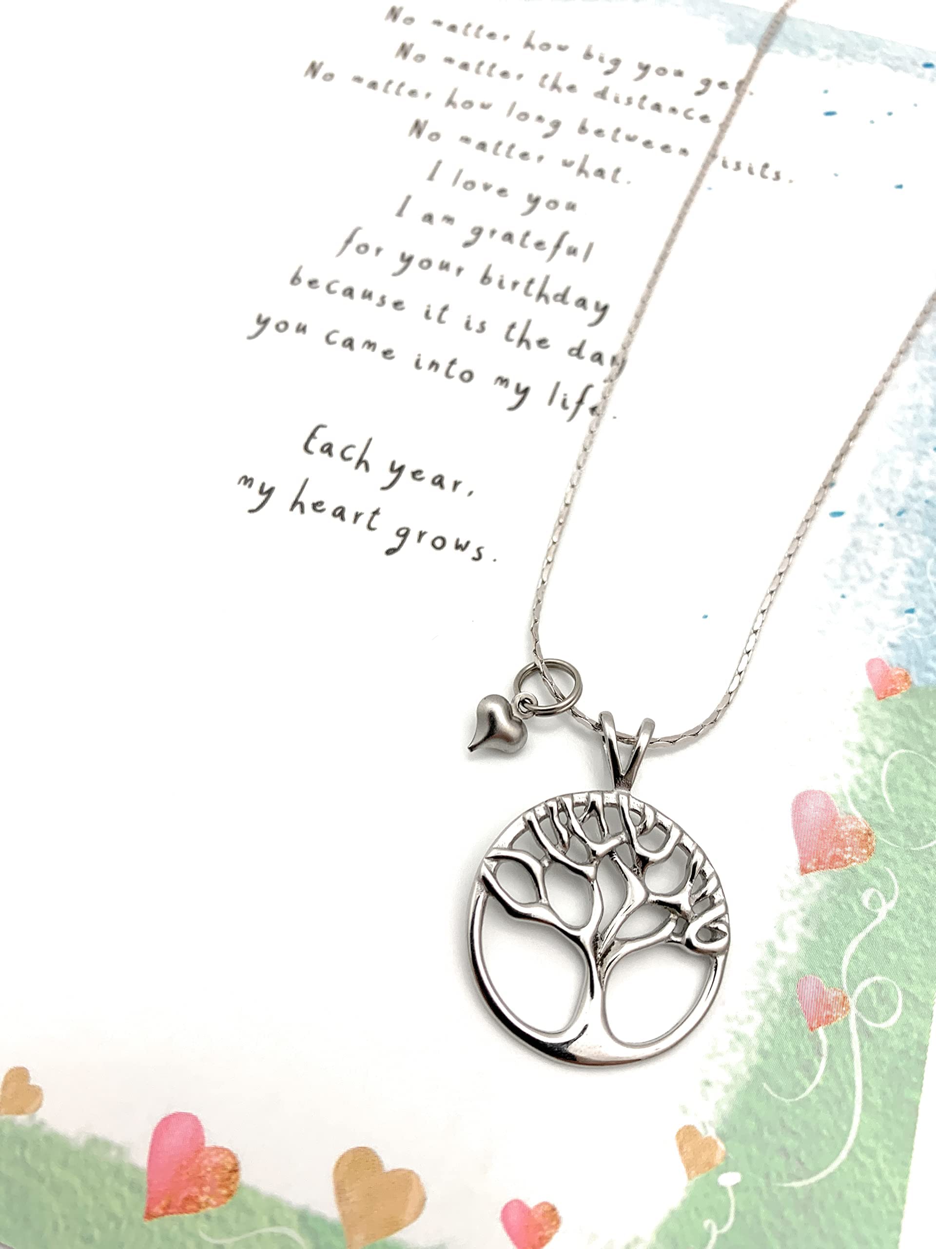 Smiling Wisdom - Happy Birthday Greeting Card and Tree Heart Necklace Keepsake Gift Set - Daughter Granddaughter From Parent - Stainless Steel - Love Grows