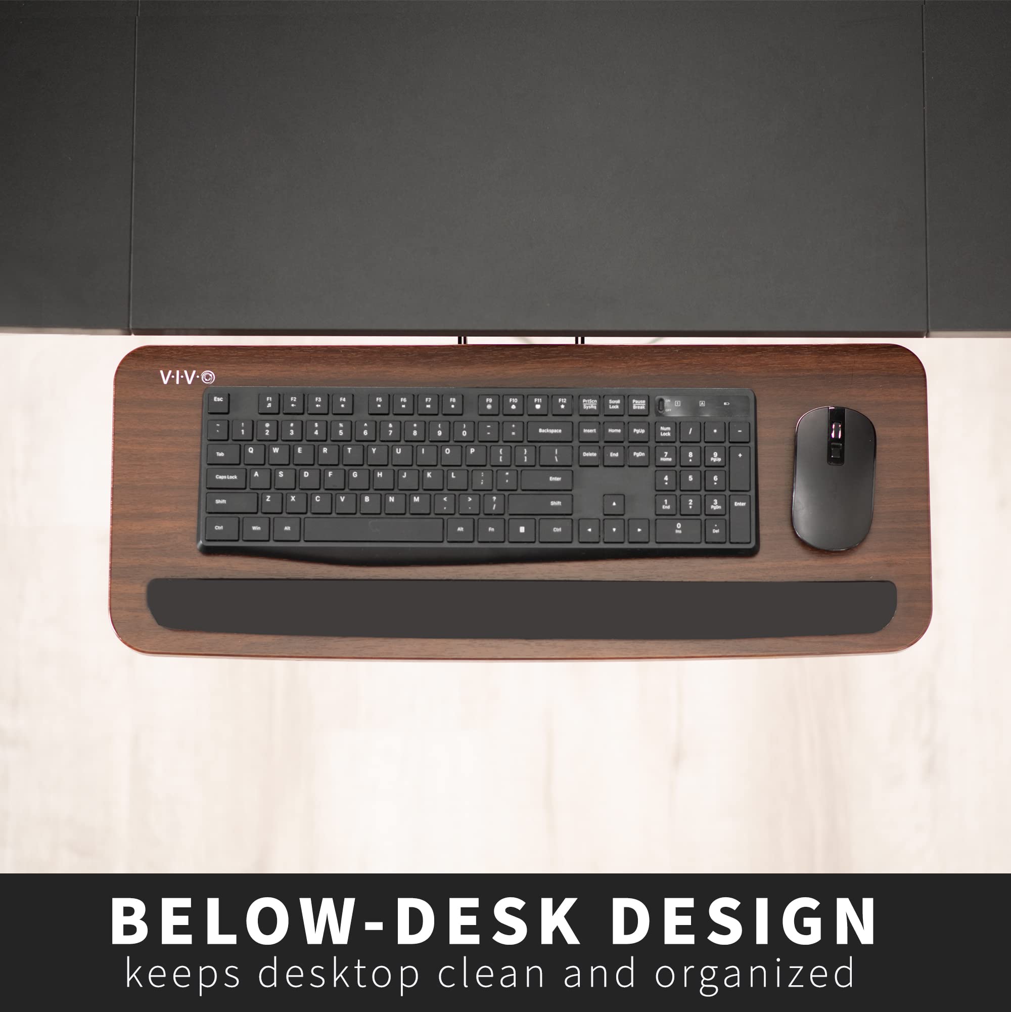 VIVO Adjustable Computer Keyboard and Mouse Platform Tray, Ergonomic Under Table Desk Mount Drawer Underdesk Shelf, Dark Wood Top, Black Frame, MOUNT-KB03D