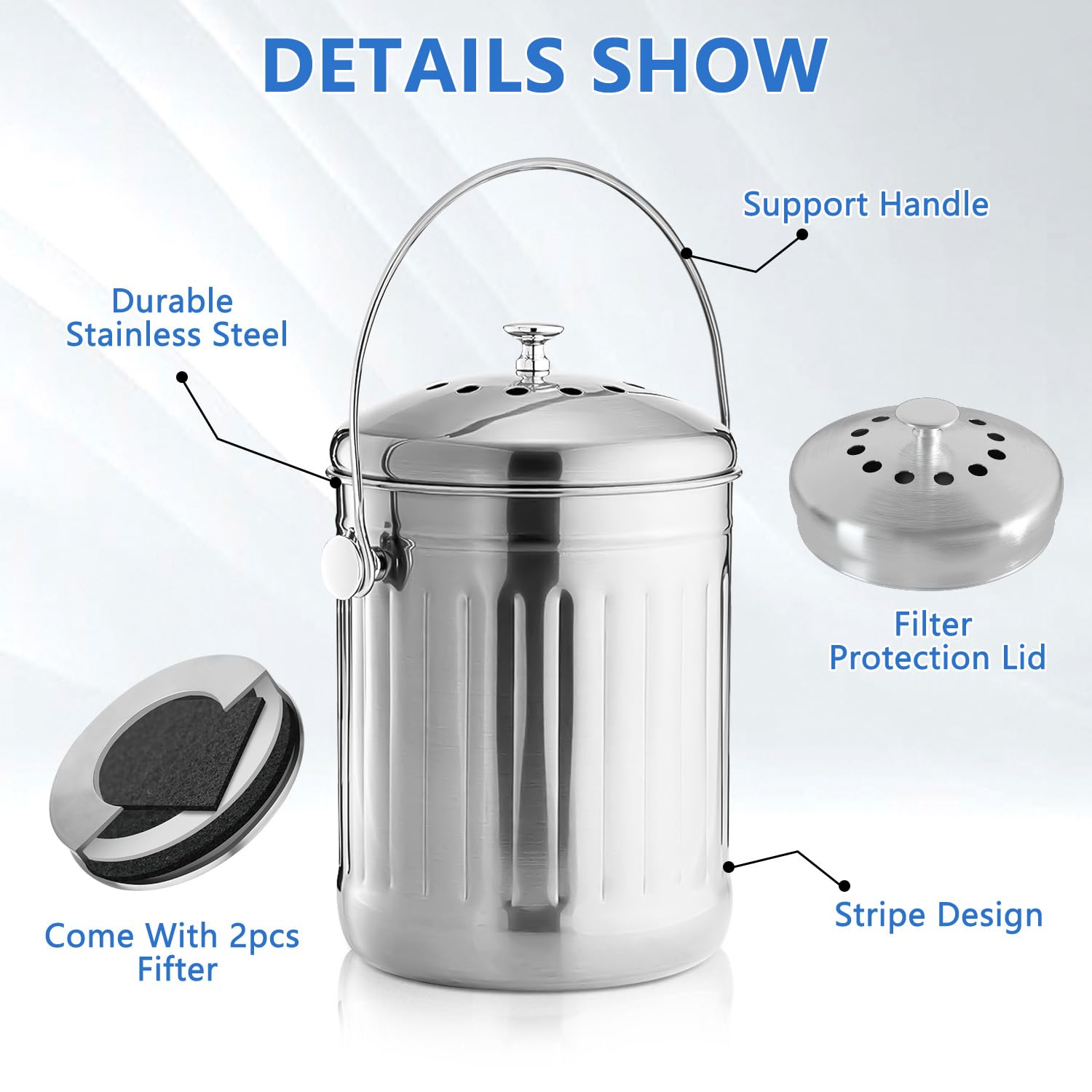 ENLOY Compost Bin, Stainless Steel Indoor Compost Bucket for Kitchen Countertop Odorless Compost Pail for Kitchen Food Waste with Carrying Handle 1.3 Gallon Easy to Clean