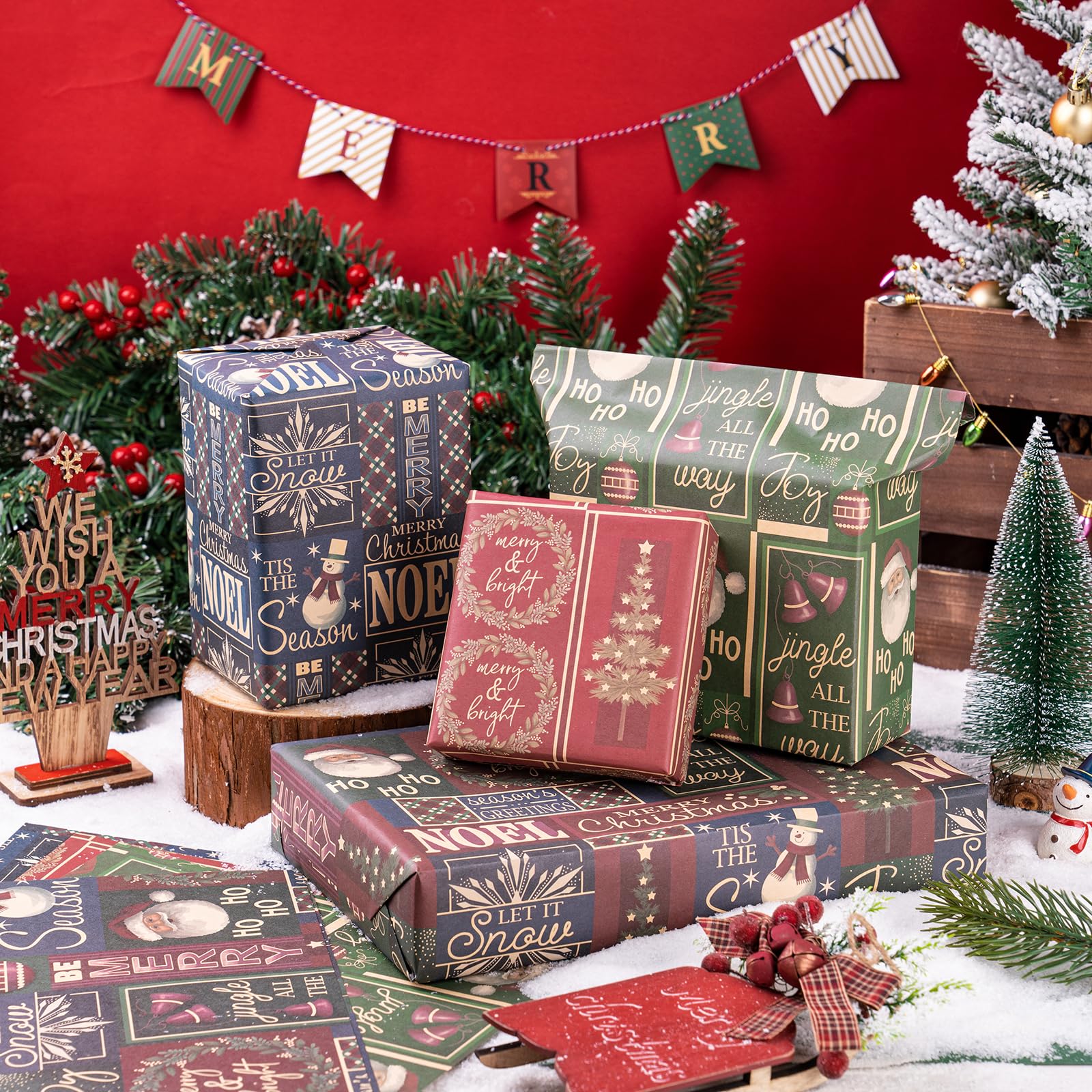 RUSPEPA Kraft Wrapping Paper Sheets - Christmas Santa Claus and Snowman Design - 12 Folded Sheets-19.68 X 27.5 Inch