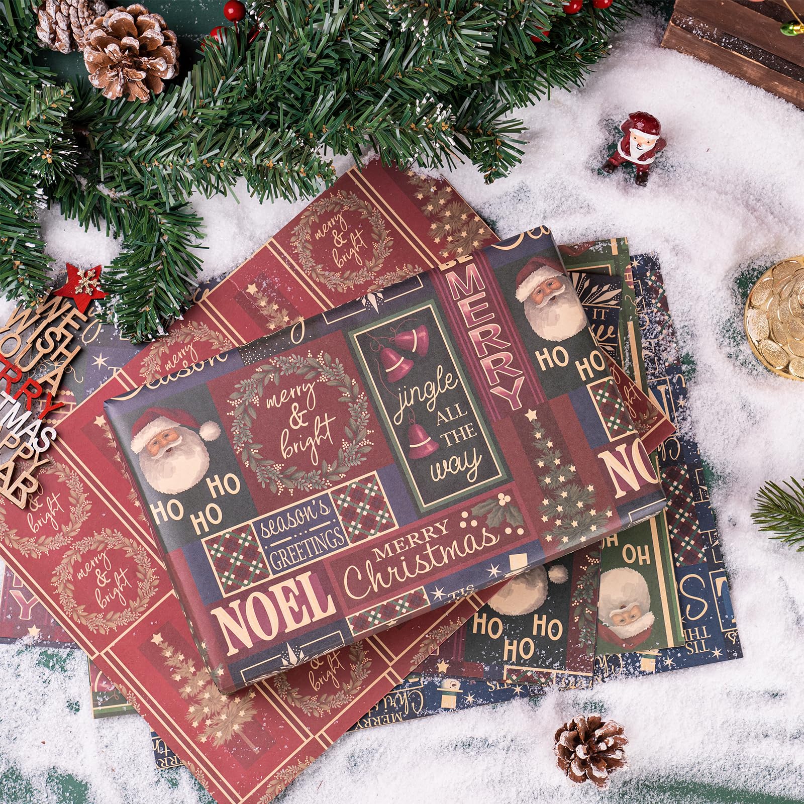 RUSPEPA Kraft Wrapping Paper Sheets - Christmas Santa Claus and Snowman Design - 12 Folded Sheets-19.68 X 27.5 Inch
