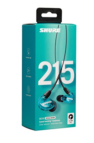 Shure SE215 PRO Wired Earbuds - Professional Sound Isolating Earphones, Clear Sound & Deep Bass, Single Dynamic MicroDriver, Secure Fit in Ear Monitor, Plus Carrying Case & Fit Kit - Blue (SE215SPE)
