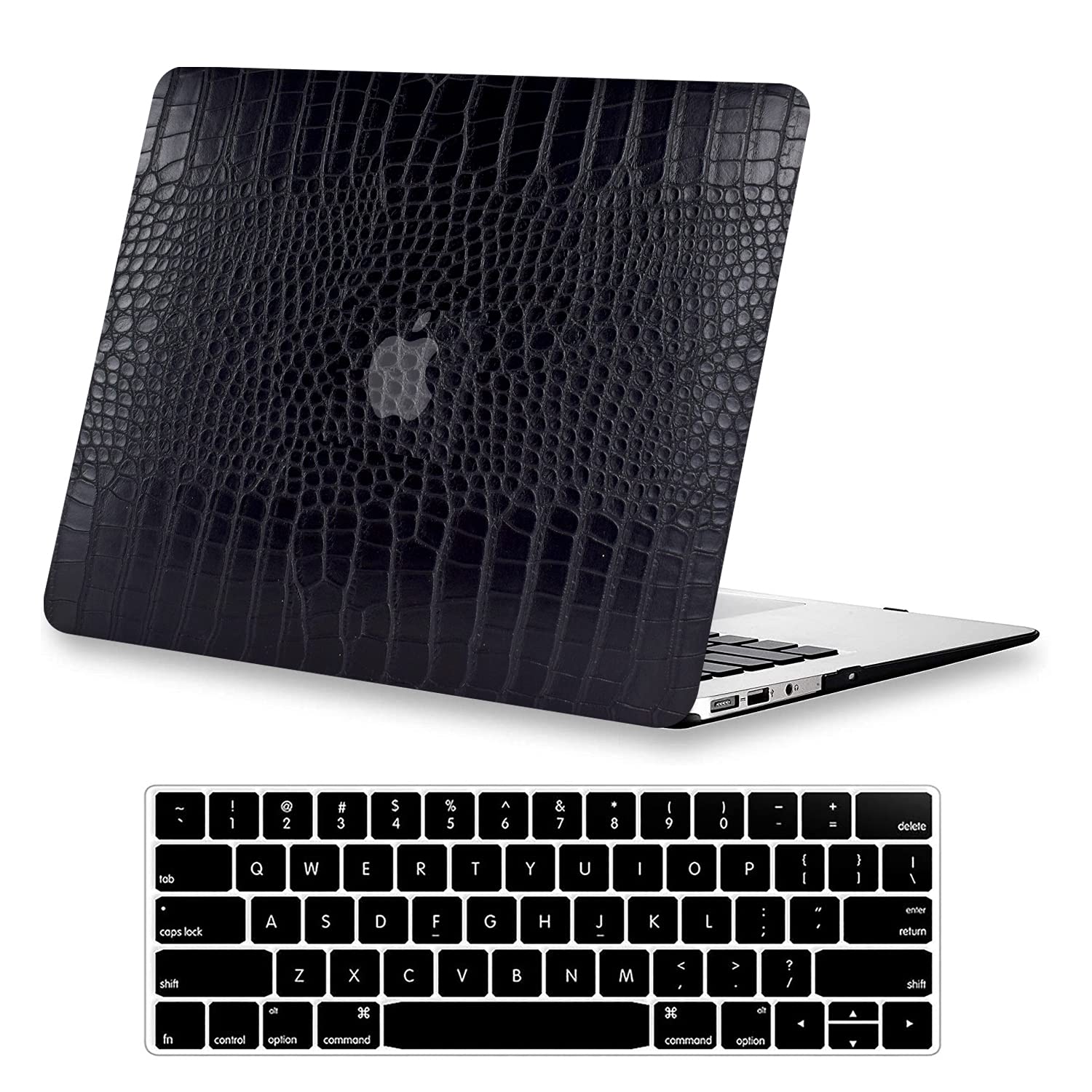 KEROM Compatible with Crocodile MacBook Air 13 inch Case 2022-2018 M1 A2337 A2179 A1932, Crocodile MacBook Air M1 Case, Crocodile Skin Aligator Skin PU Leather Hard Shell & Keyboard Cover, Black