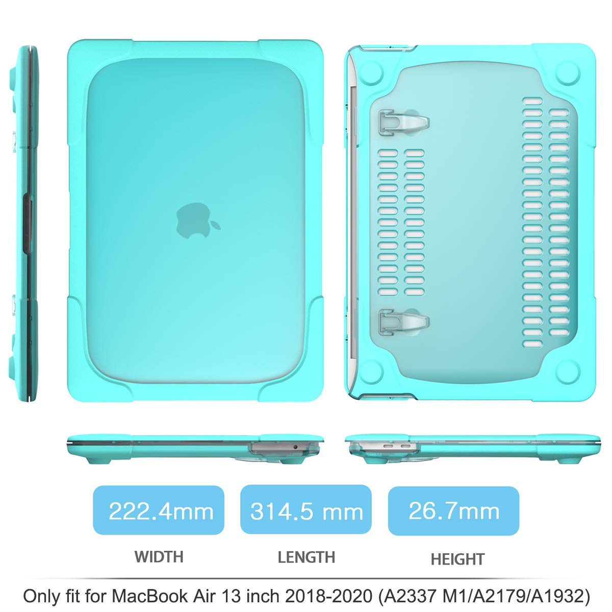 Batianda Heavy Duty Case for MacBook Air 13 inch 2020 A2179 A1932 A2337 M1 Chip with Touch ID, Hard Shell Cover with Foldable Kickstand Shockproof Function and Keyboard Cover, Cyan