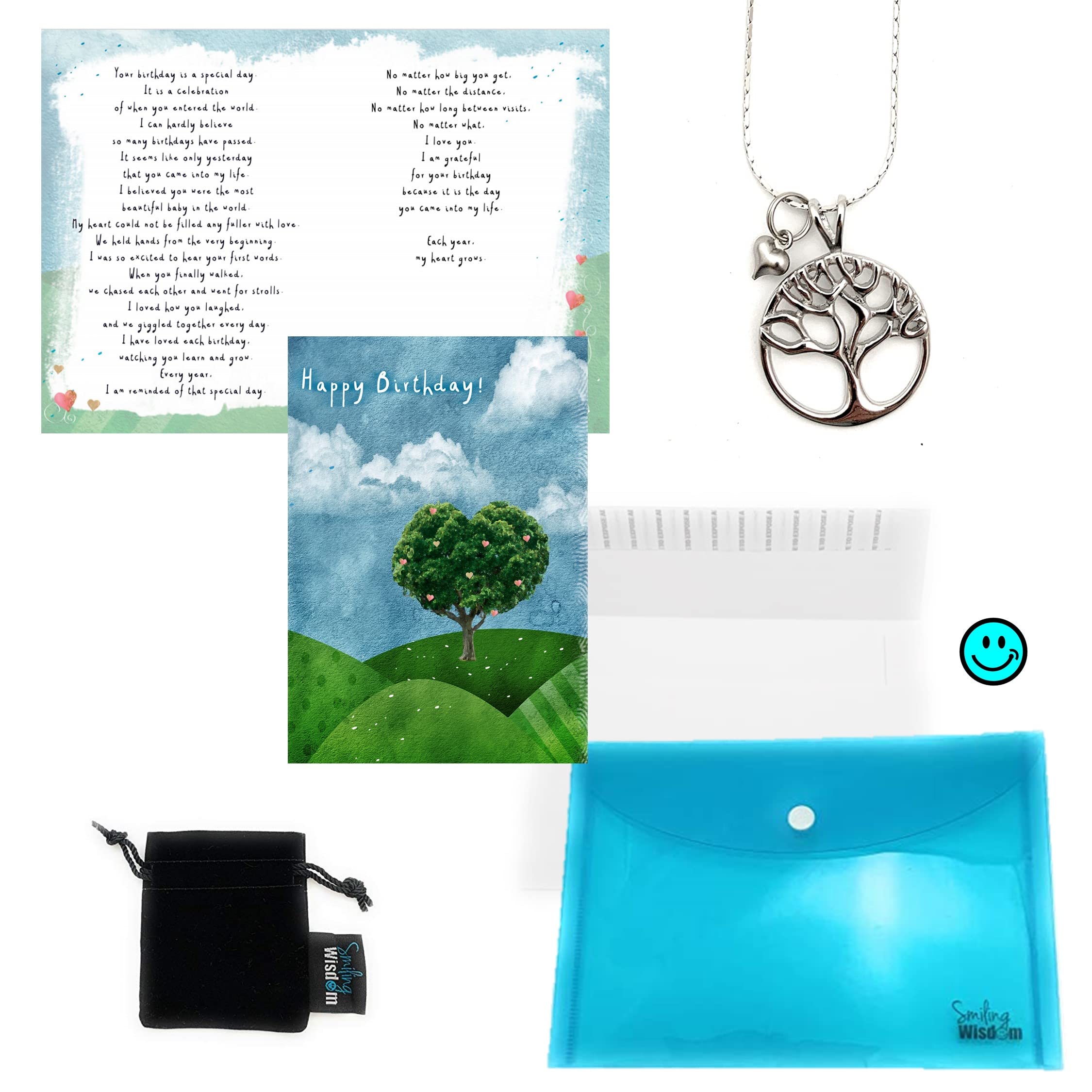 Smiling Wisdom - Happy Birthday Greeting Card and Tree Heart Necklace Keepsake Gift Set - Daughter Granddaughter From Parent - Stainless Steel - Love Grows