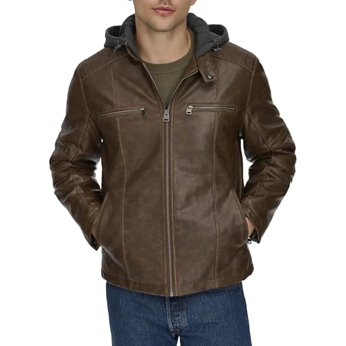 Levi's Men's Faux Leather Hooded Racer Jacket, Saddle, X-Large