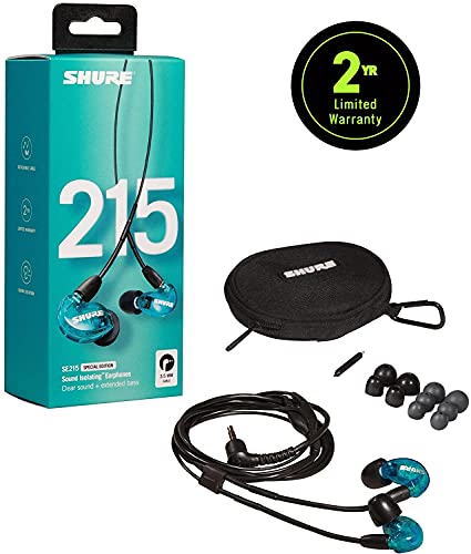 Shure SE215 PRO Wired Earbuds - Professional Sound Isolating Earphones, Clear Sound & Deep Bass, Single Dynamic MicroDriver, Secure Fit in Ear Monitor, Plus Carrying Case & Fit Kit - Blue (SE215SPE)