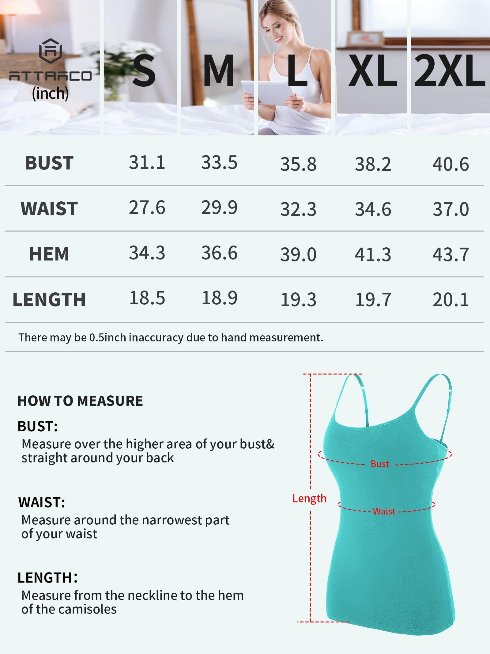 ATTRACO Women Camisole Plain Ladies Tank Tops Bra Packs Stretchy Black Aqua XL