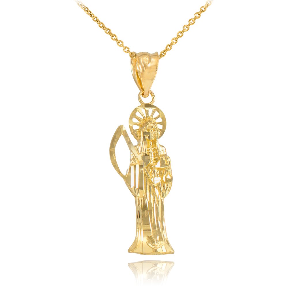 10K Yellow Gold Diamond Cut Santa Muerte Charm Pendant Necklace, 16" Chain