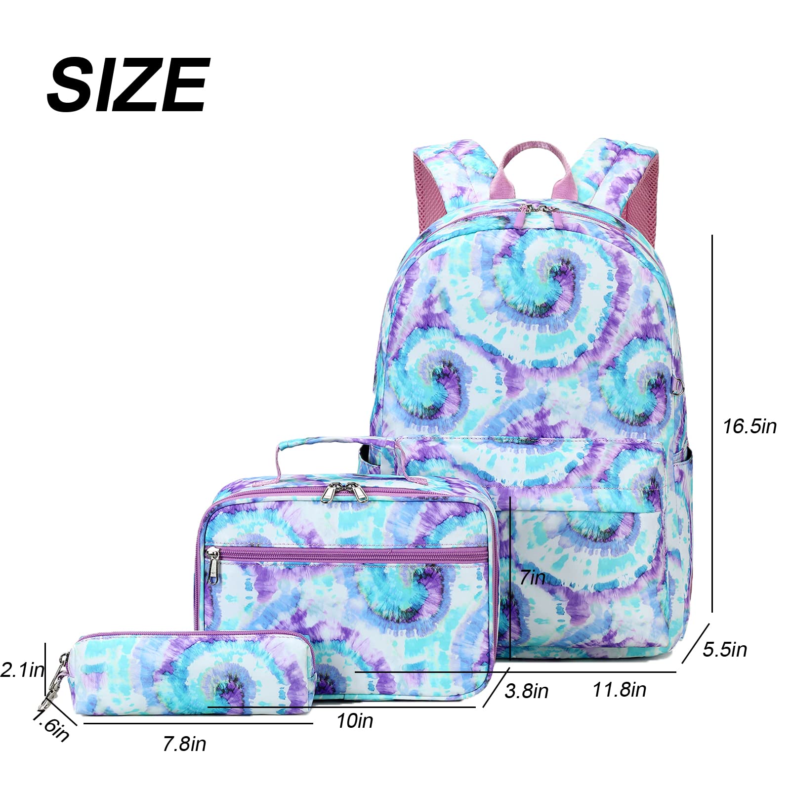ZHIERNA School Backpack 3PCs Set With Lunch Bag, Tie Dye Bookbags with Pen Case For Teen Girls Kindergarten Elementary(Green)
