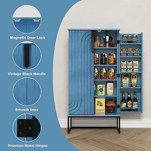 HOLTICO 46.5'' Accent Wood Grain Kitchen Pantry with Doors, Storage Cabinet with Adjustable Shelves, Food Pantry Cabinet for Kitchen, Dining Room, Living Room and Garage, Metal Legs,Blue