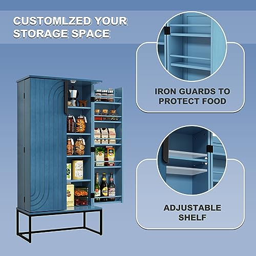 HOLTICO 46.5'' Accent Wood Grain Kitchen Pantry with Doors, Storage Cabinet with Adjustable Shelves, Food Pantry Cabinet for Kitchen, Dining Room, Living Room and Garage, Metal Legs,Blue