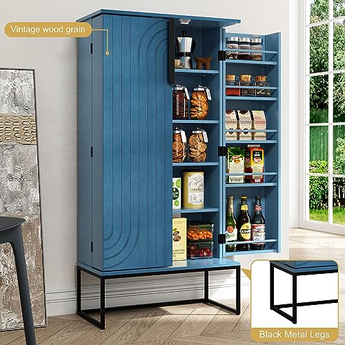 HOLTICO 46.5'' Accent Wood Grain Kitchen Pantry with Doors, Storage Cabinet with Adjustable Shelves, Food Pantry Cabinet for Kitchen, Dining Room, Living Room and Garage, Metal Legs,Blue