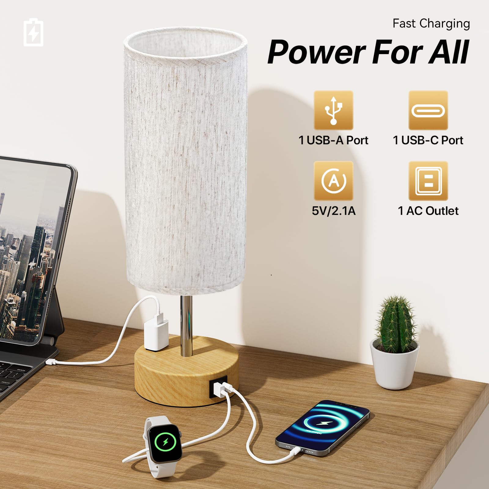 KPQ 【Upgraded】 Bedside Lamp Touch Control Table Lamp with USB A+C Charging Ports & AC Outlet 3-Way Dimmable Nightstand Lamp with Linen Fabric Shade for Bedroom Living Room(E26 Light Bulb Included)