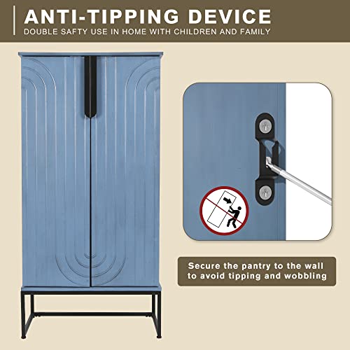 HOLTICO 46.5'' Accent Wood Grain Kitchen Pantry with Doors, Storage Cabinet with Adjustable Shelves, Food Pantry Cabinet for Kitchen, Dining Room, Living Room and Garage, Metal Legs,Blue