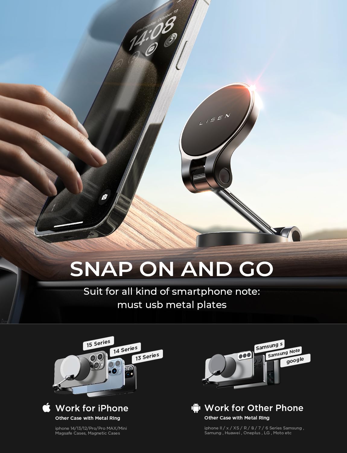 LISEN for MagSafe Car Mount & Strongest Magnetic Car Mount 360° Rotatable Dash Cell Phone Holder Car