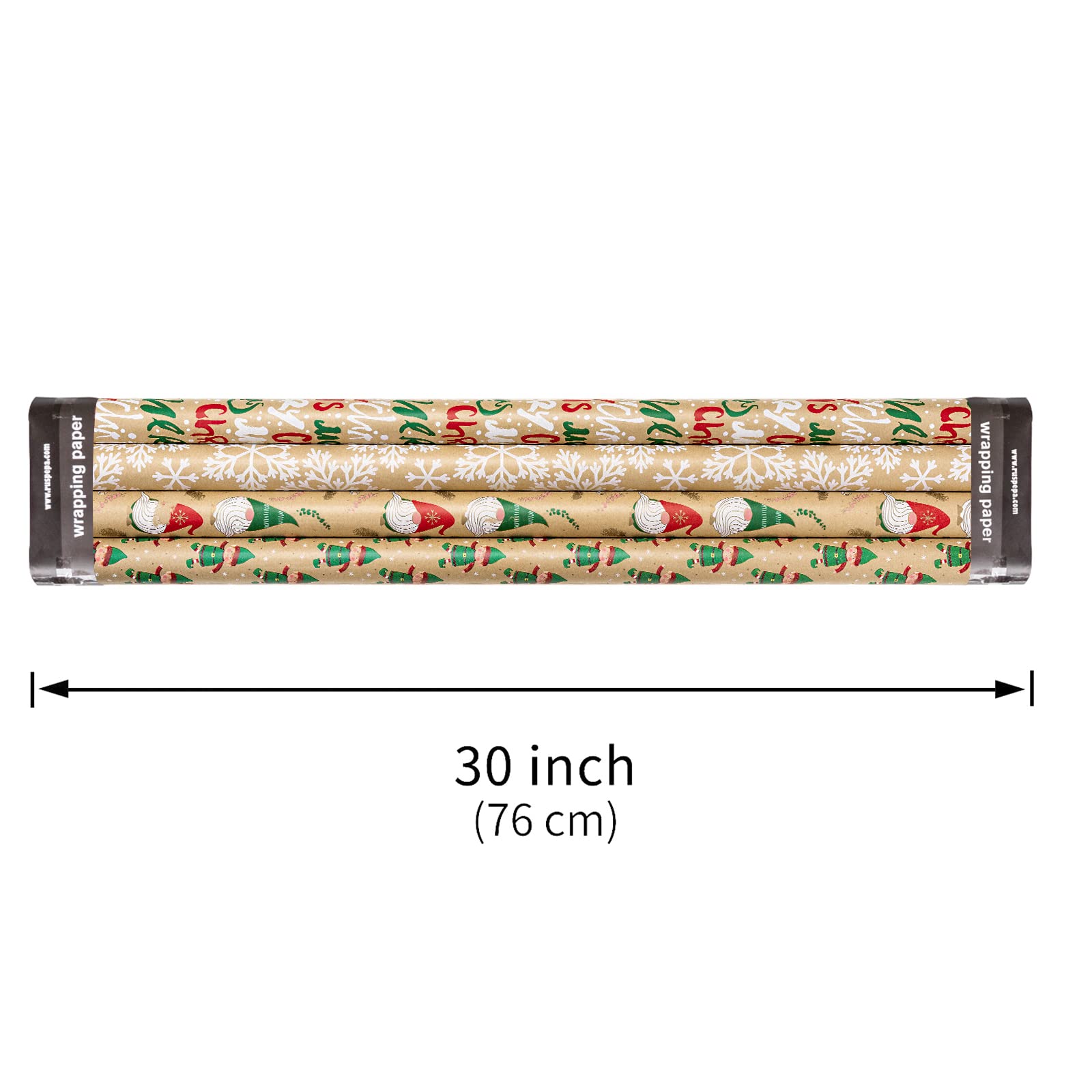RUSPEPA Christmas Wrapping Paper, Kraft Paper - Santa Claus, Gnome, Snowflake and Merry Christmas - 4 Rolls - 30 inches x 10 feet per Roll
