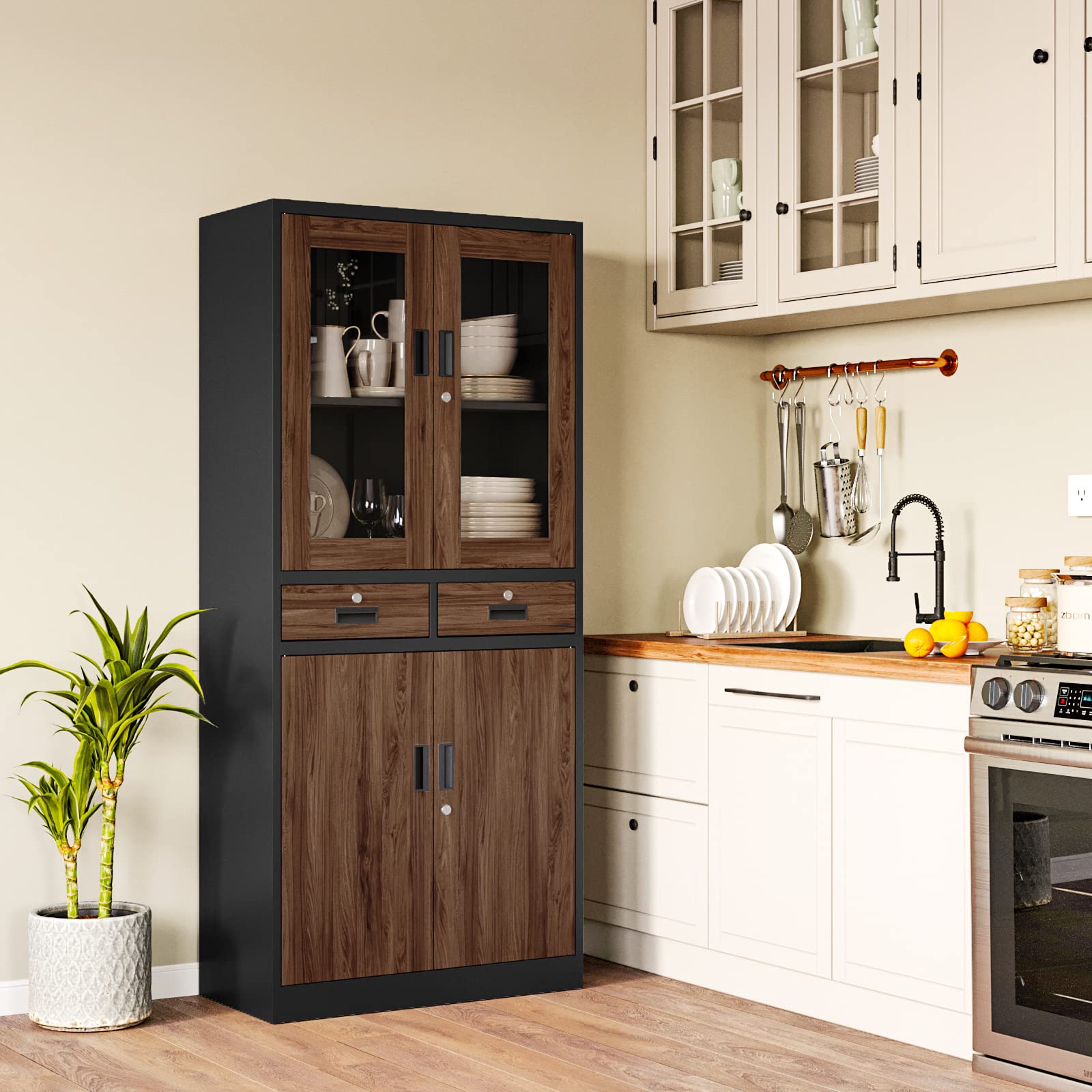 PEUKC Kitchen Pantry Cabinet, 71" Freestanding Kitchen Pantry Storage Cabinet with Drawer and Adjustable Shelves, Metal Tall Pantry Cabinet Cupborad with Glasses Doors, Wood Color