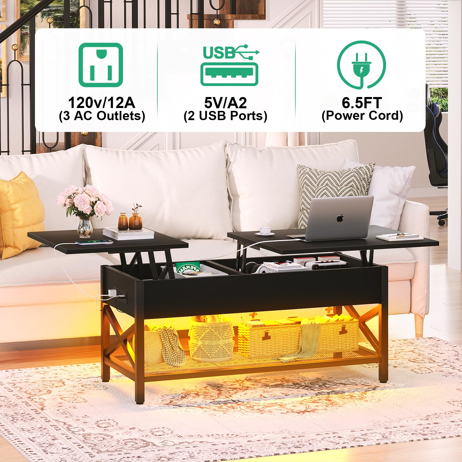 Besiost Lift Top Coffee Table with Storage, LED Light & Power Outlet and Hidden Compartment, Retro Center Table for Living Room, X Support Wood Tabletop, Metal Frame
